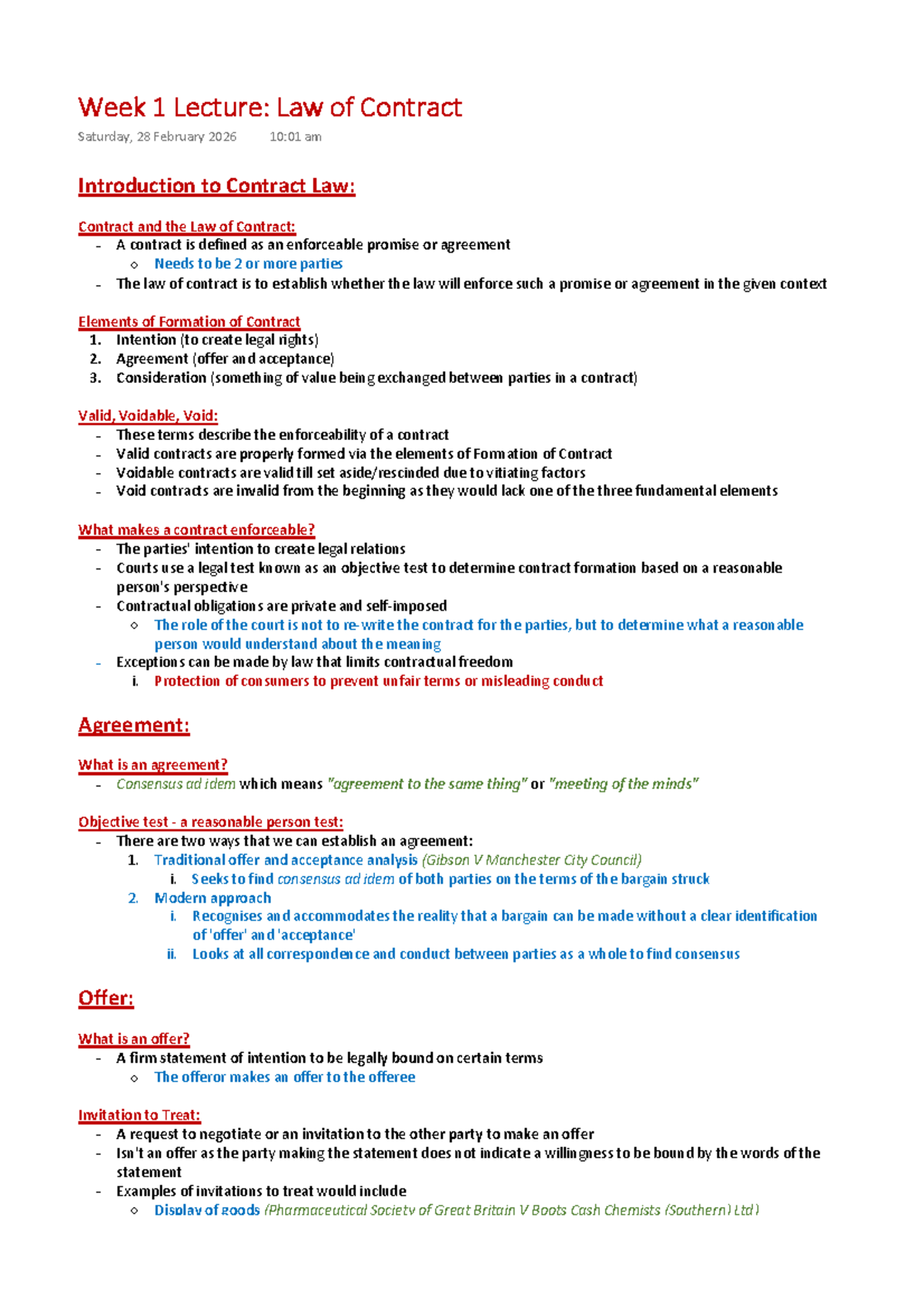 Week 1 Lecture: Intro to Contract Law (LAW101) - Studocu