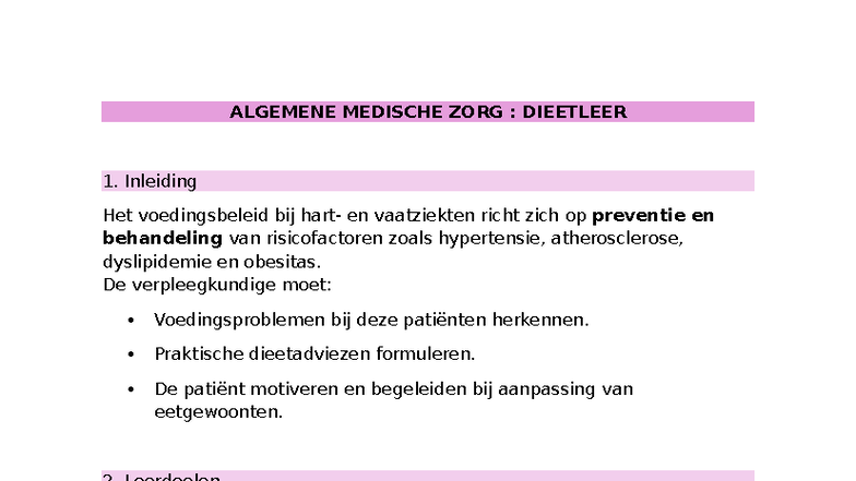 Dieetleer Cardiologie: Voeding bij Hypertensie en Vaatziekten - Studocu