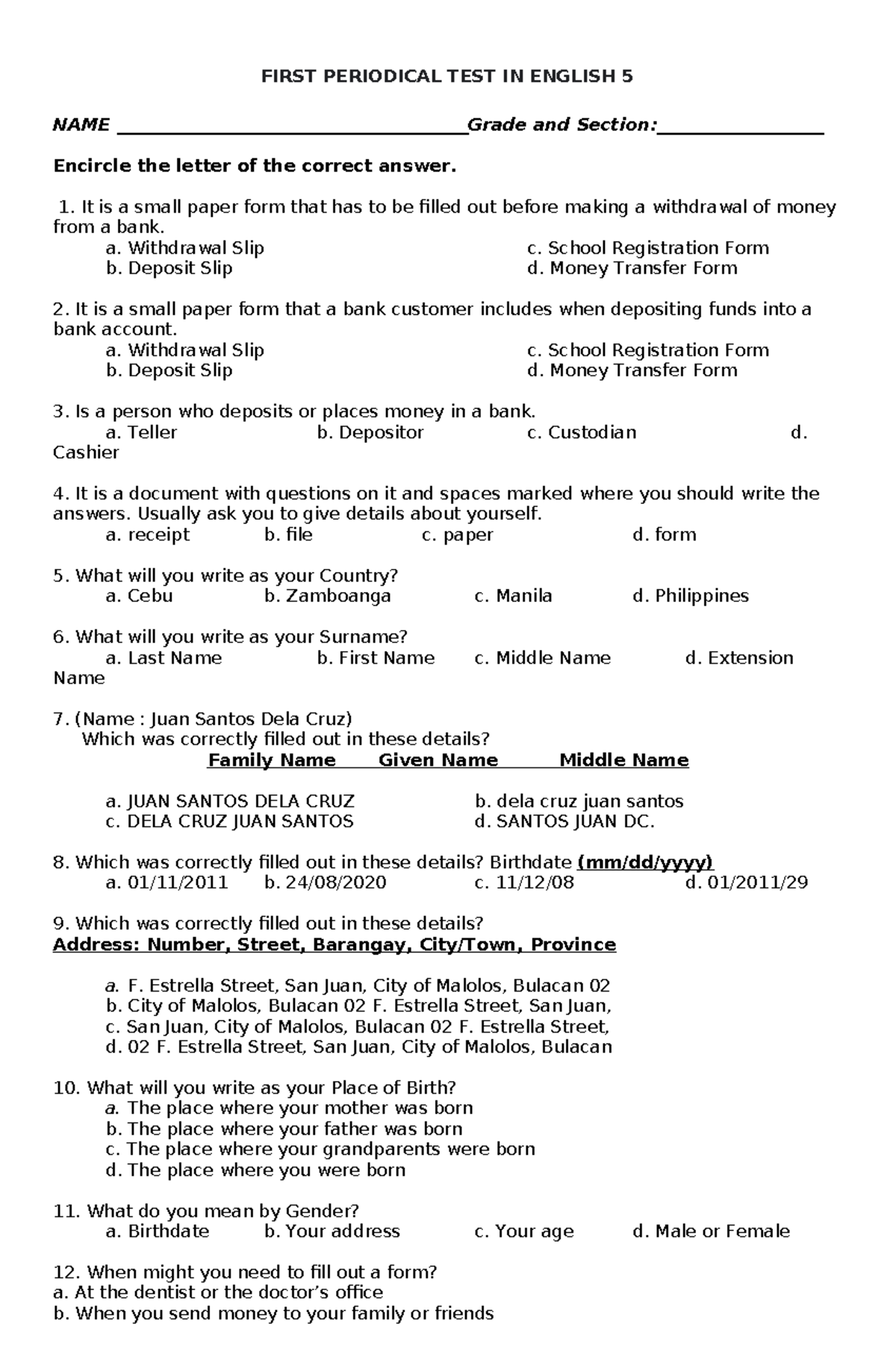 1st Periodical Test in English 5 - FIRST PERIODICAL TEST IN ENGLISH 5 ...