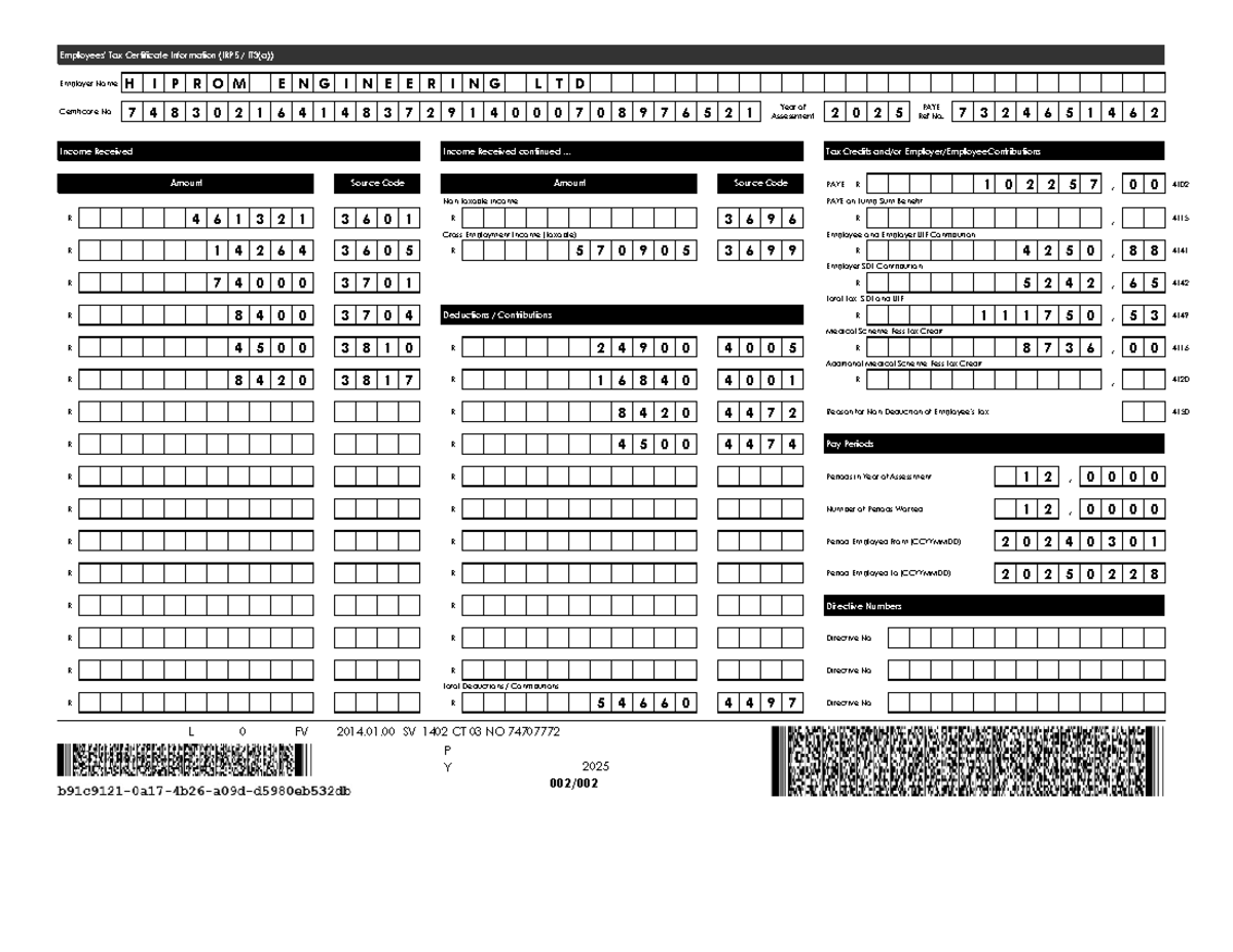 IRP5 Tax Certificate - Johan Greyling - 2025 Assessment - Studocu