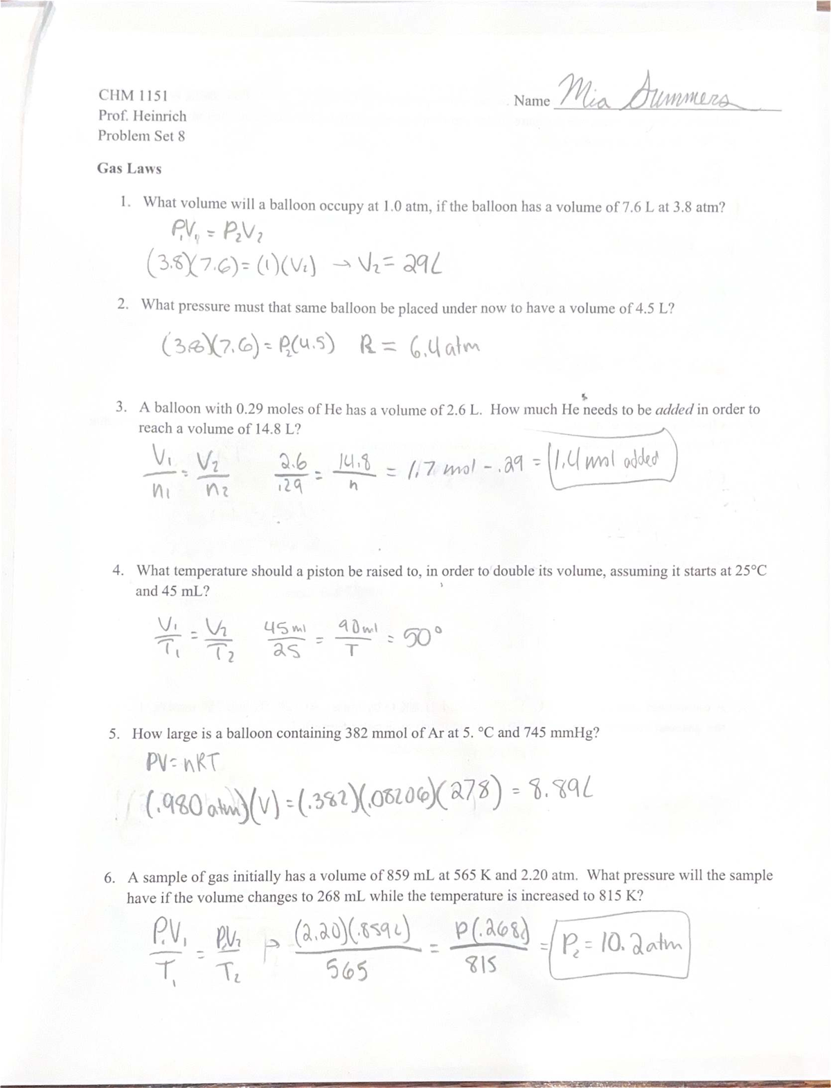 CHM 1151 Problem Set 8: Gas Laws and Calculations - Studocu
