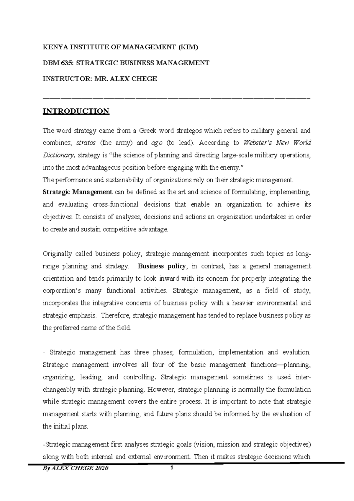 Strategic Management Notes for KIM DBM 635 by Mr. Alex Chege - Studocu