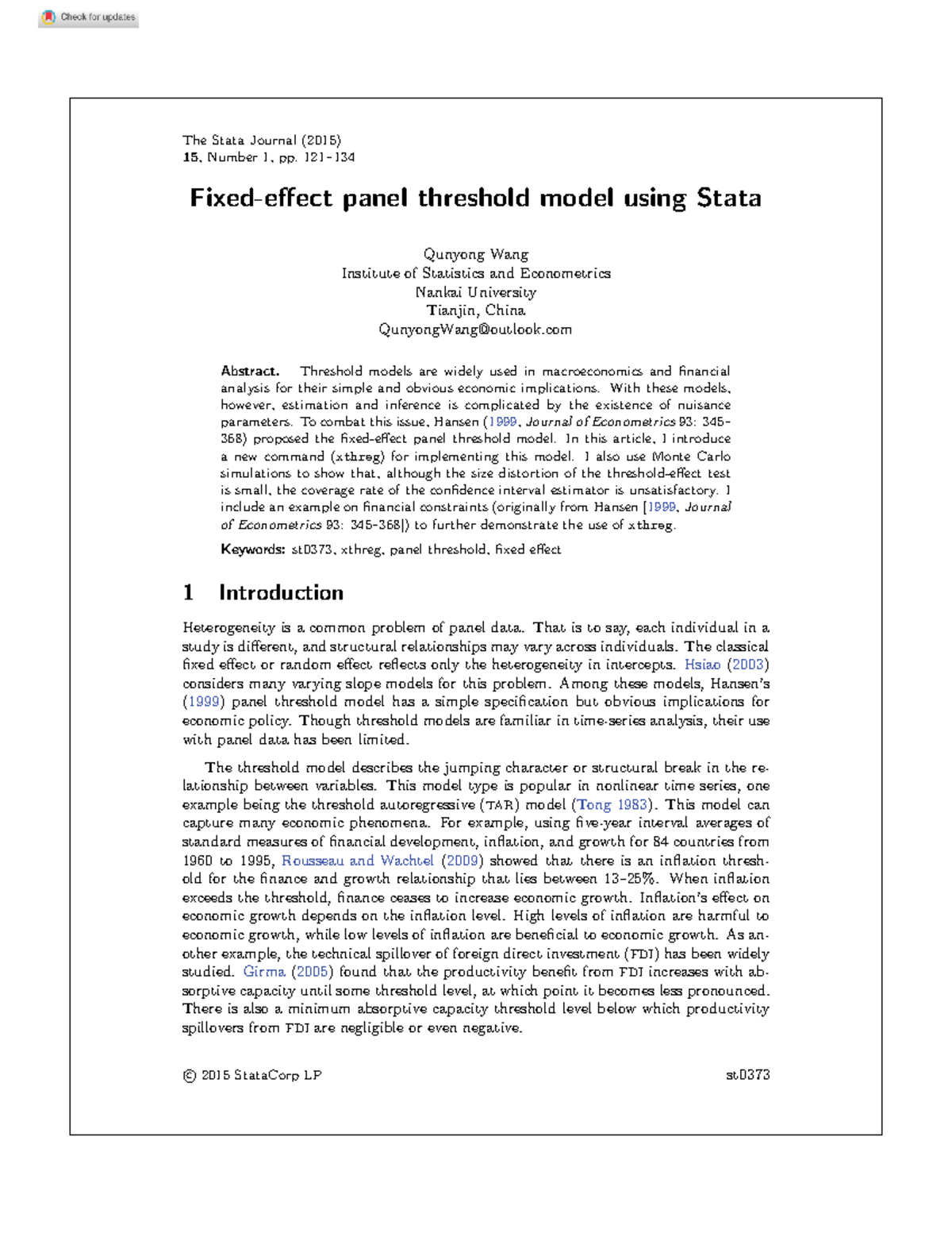 Wang 2015 Fixed Effect Panel Threshold Model Using Stata The Stata