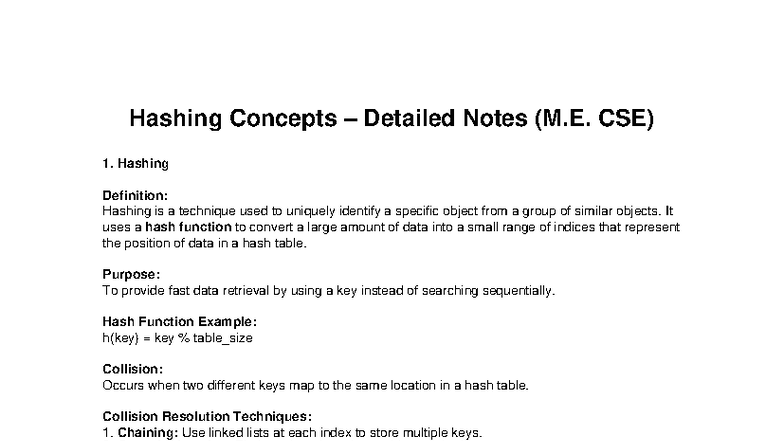 Hashing Concepts Detailed Notes (M.E. CSE) - Studocu