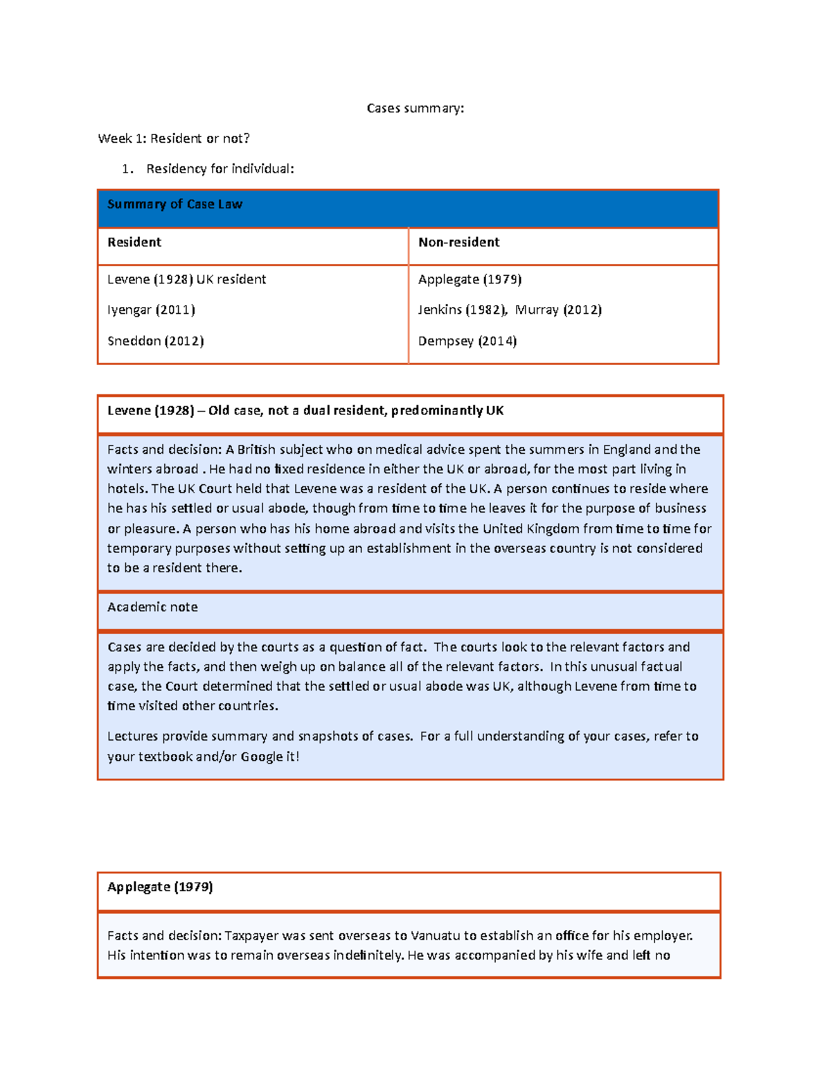 Residency Case Summaries - Key Legal Principles and Examples - Studocu