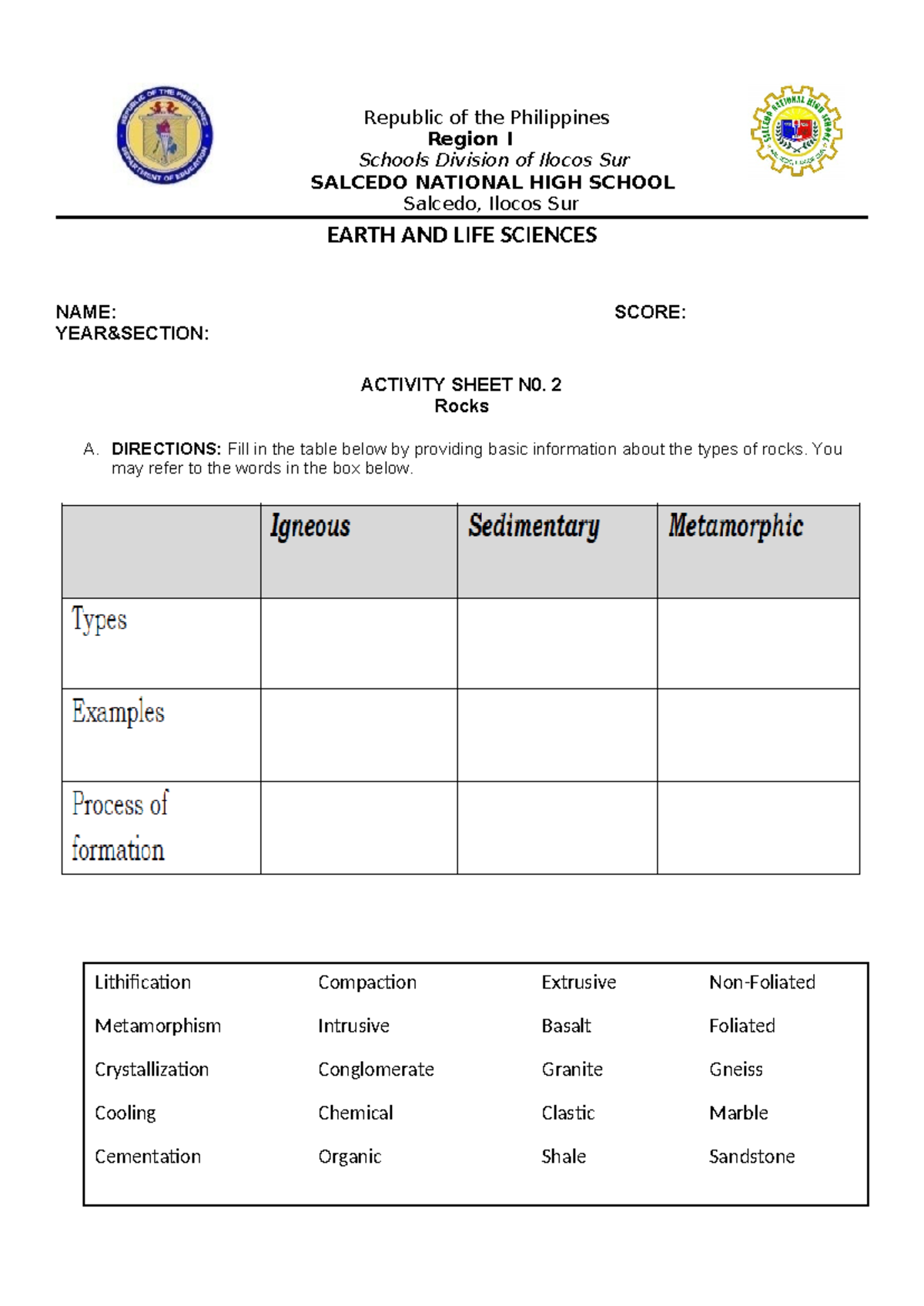 ELS Activity Sheet 2: Exploring Unifying Themes in Rocks - Studocu