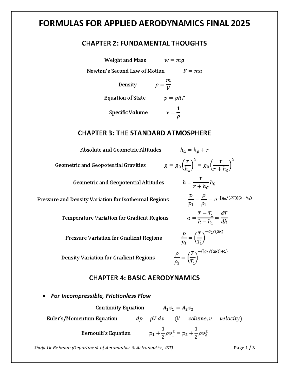 FORMULAS FOR APPLIED AERODYNAMICS FINAL 2025: CHAPTERS 2-4 OVERVIEW ...
