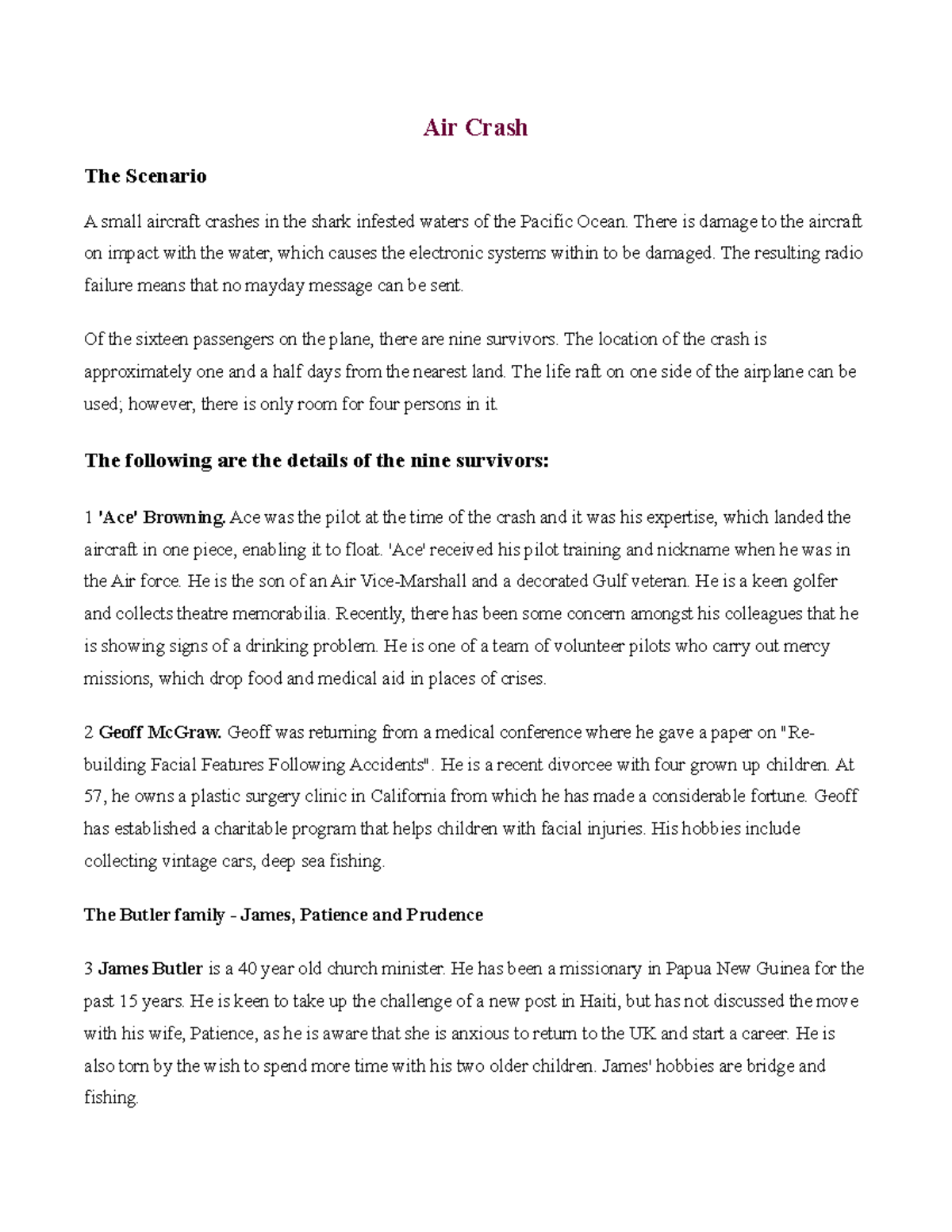 Air Crash Survivor Scenario Worksheet Assignment 1 - Studocu