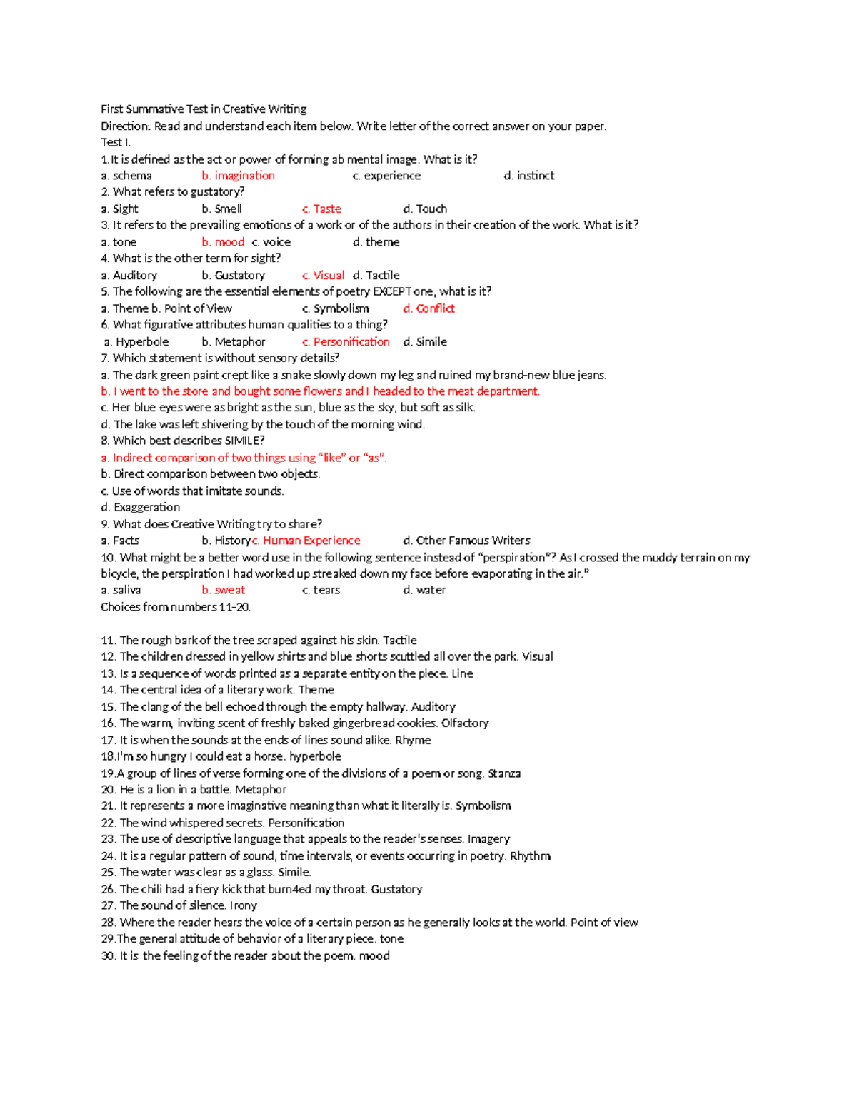 First Summative Test in Creative Writing (CW101) - Answer Key - Studocu