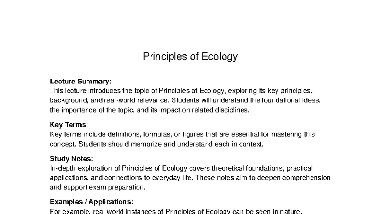 Principles of Ecology Lecture Summary - Key Concepts & Applications ...