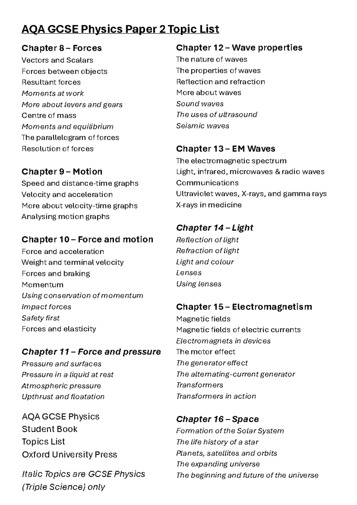 AQA GCSE Physics Paper 2 Topic list - Studocu
