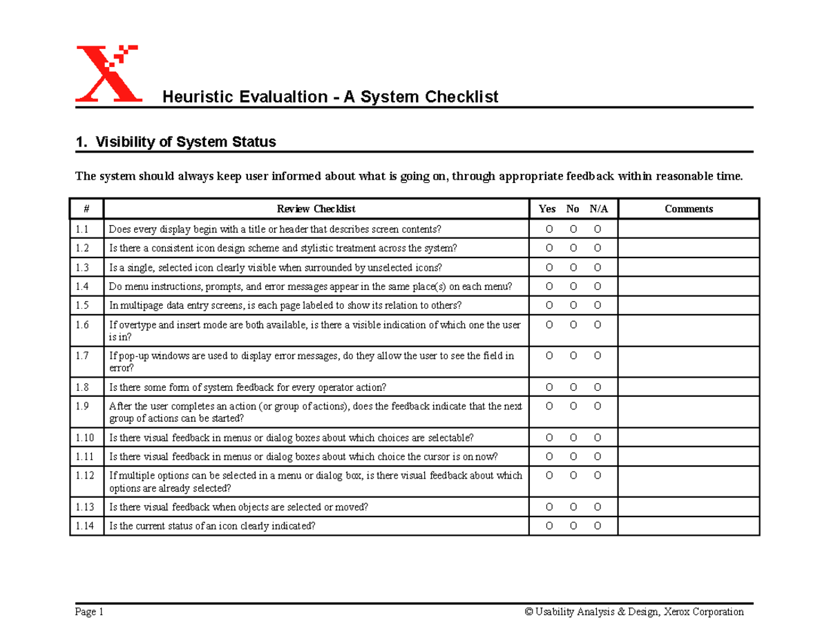 Heuristic Evaluation System Checklist for UX Design - Studocu