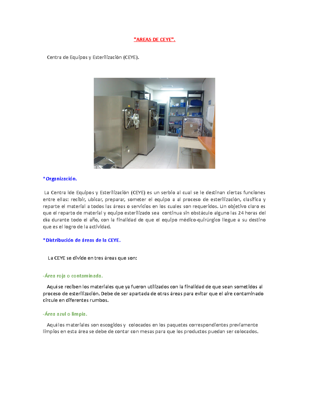 Áreas y Funciones de la CEYE - Central de Equipos y Esterilización ...