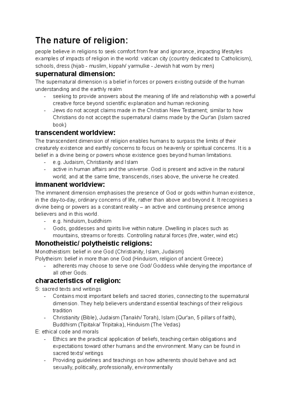 The Nature of Religion: Beliefs and Dimensions - Studocu