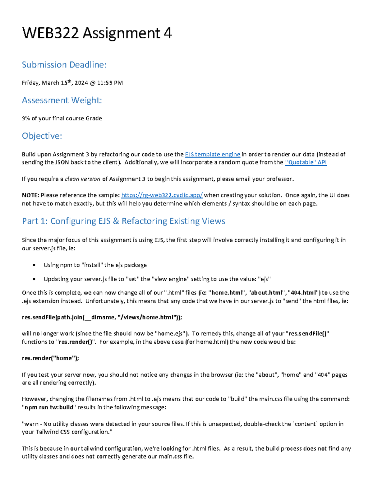 Assignment 4: EJS Template Engine Refactoring for WEB322 - Studocu