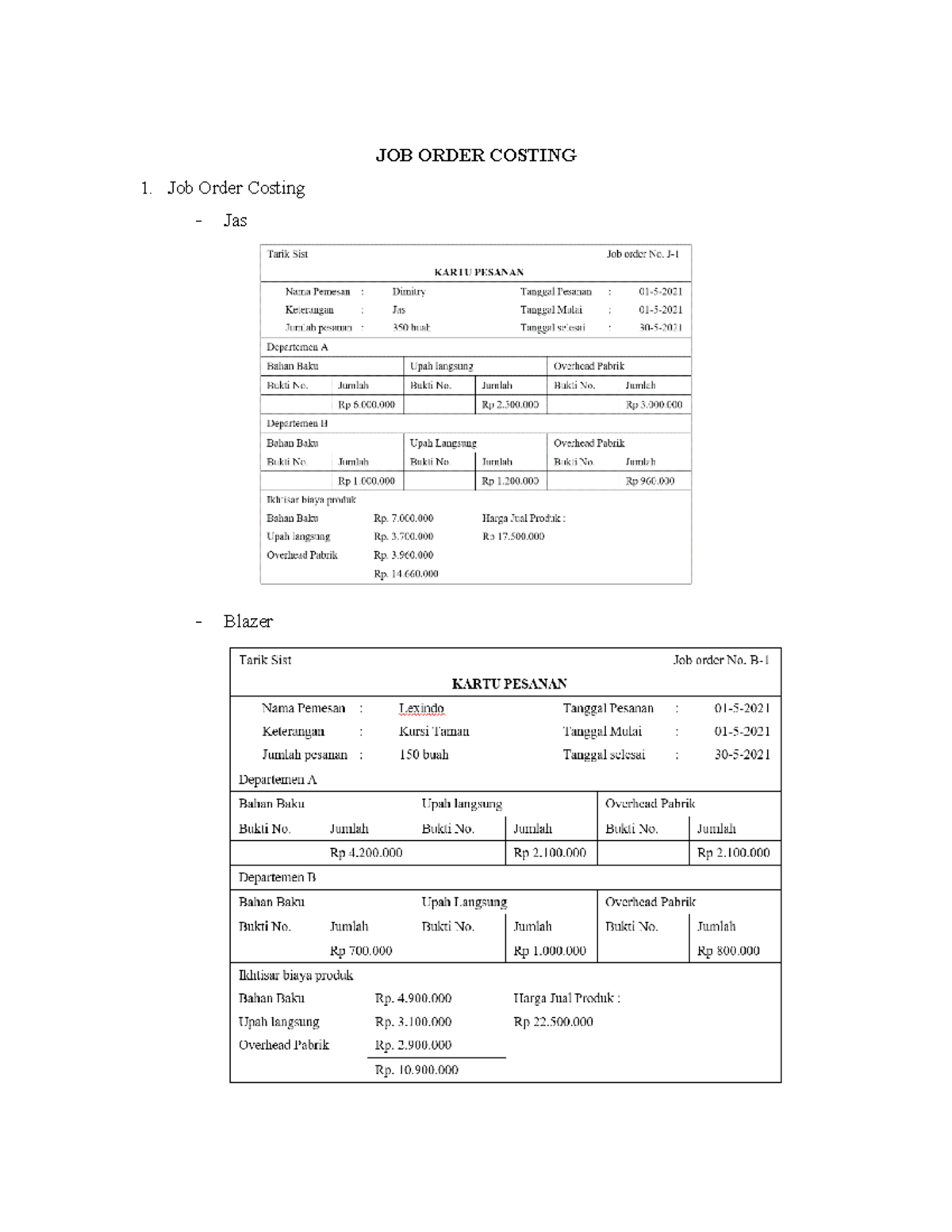 Pembahasan UAS - JOB ORDER COSTING Job Order Costing Jas Blazer Laba ...