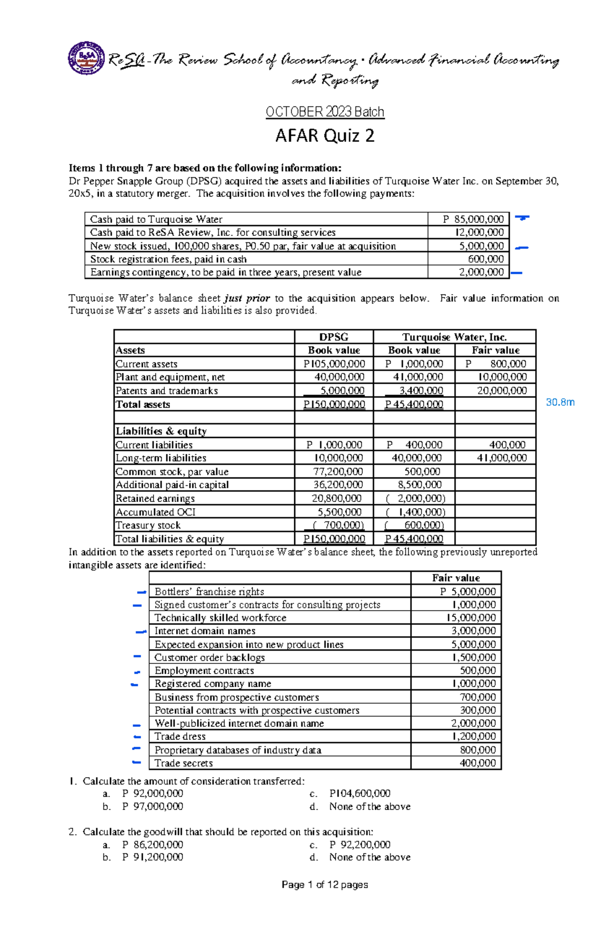 AFAR Quiz 2 (B46) - Advanced Financial Accounting October 2023 - Studocu