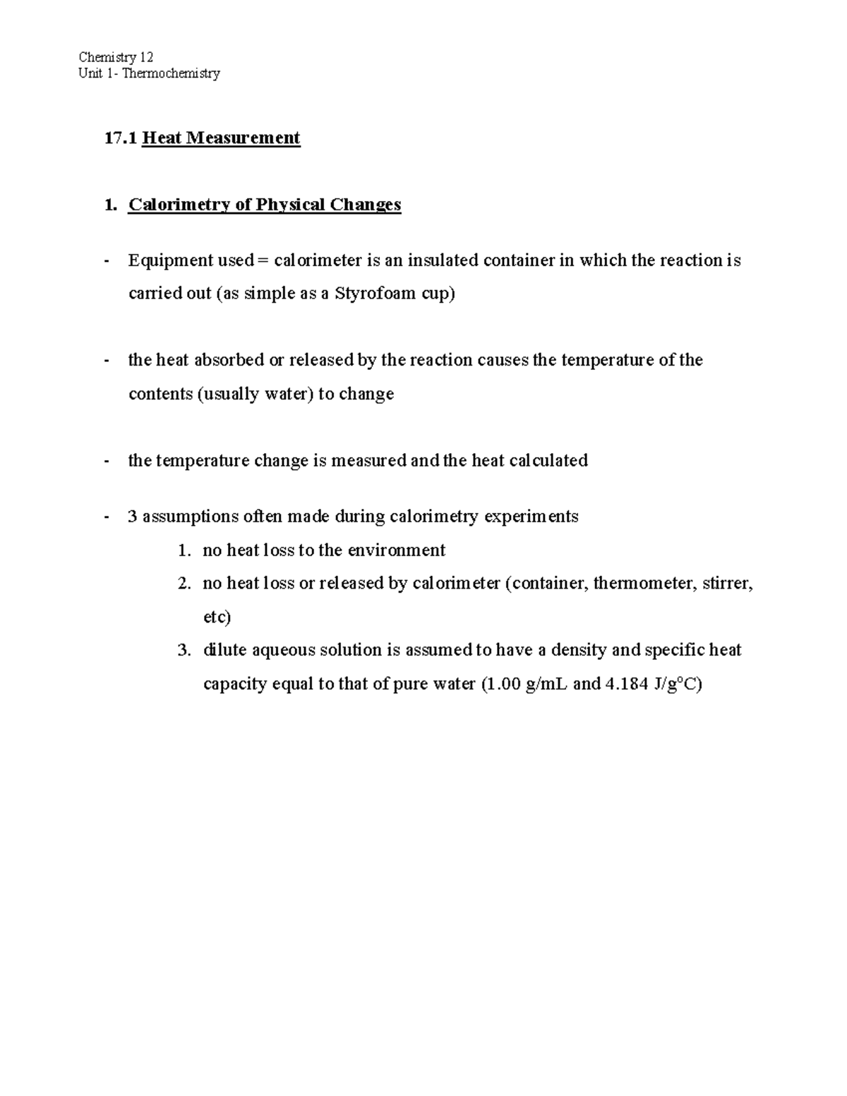 Chemistry 12 Unit Thermochemistry: Calorimetry & Heat Measurement - Studocu