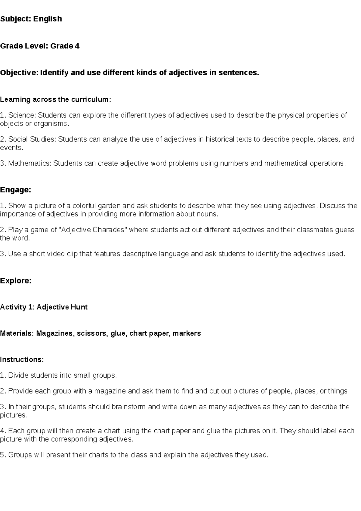 COT Grade 4 Adjective Types: Activities and Assessments Guide - Studocu
