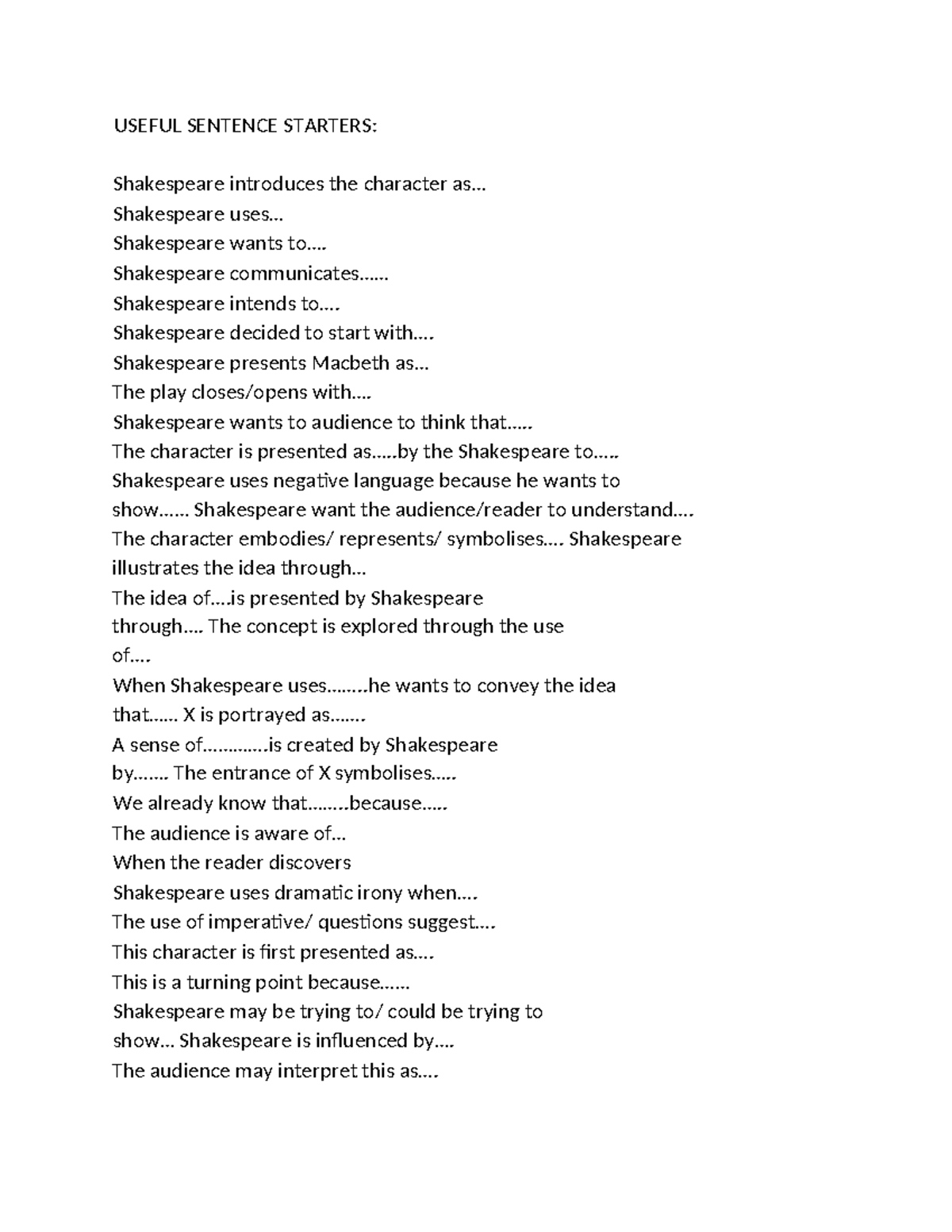 GCSE Macbeth Essay: Effective Sentence Starters and Analysis Tips - Studocu