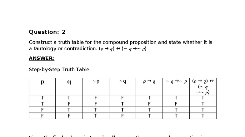 Document 7 - frhhhhhhhhhhh - Calculus - Question: 2 Construct a truth ...