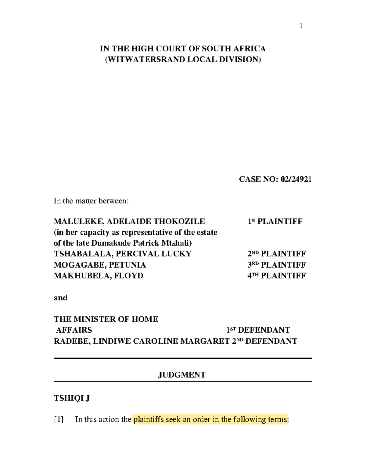 Maluleke v Minister of Home Affairs Case No 02/4921 [2008] Judgment ...