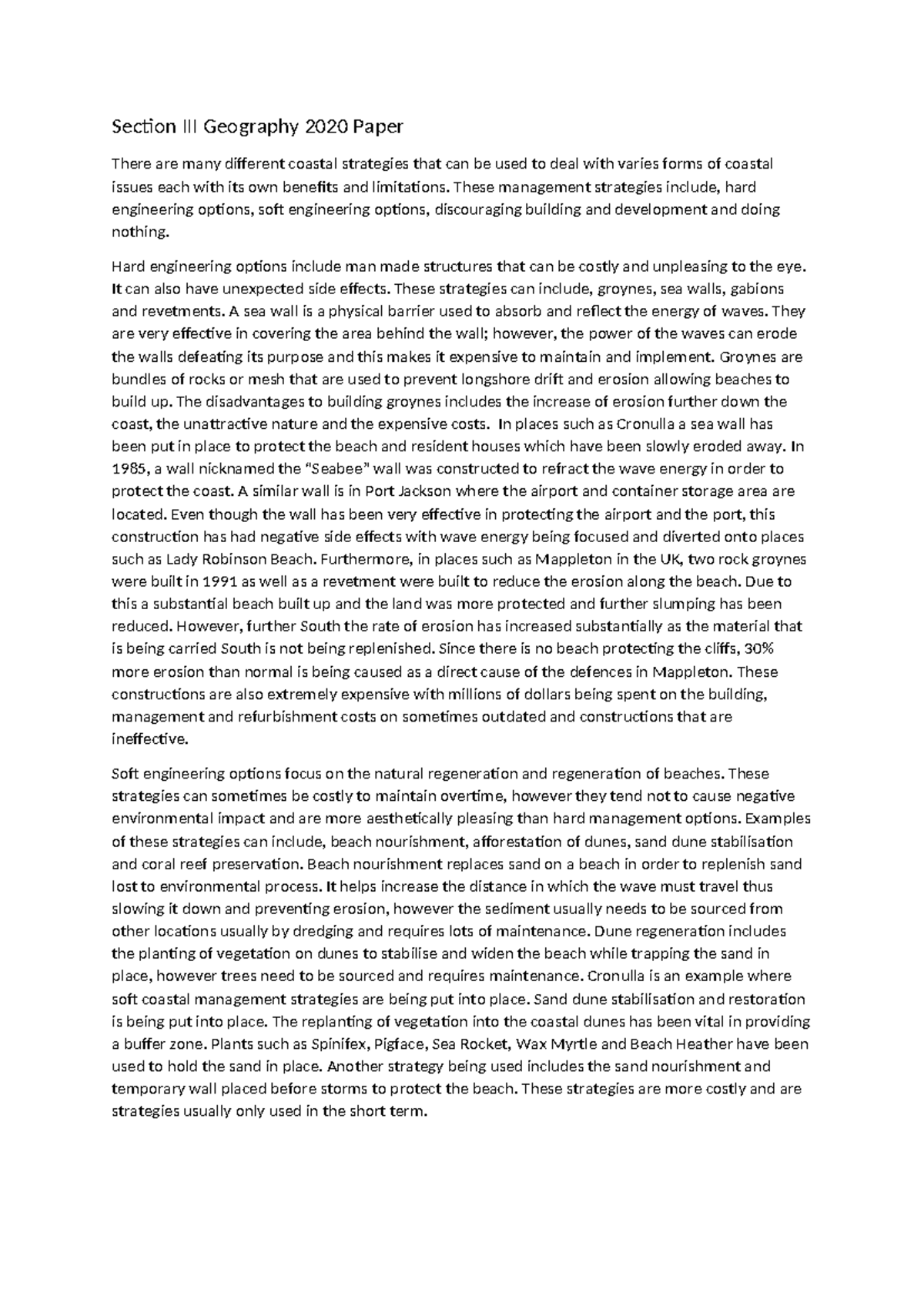 Coastal Management Strategies: Section III Geography 2020 Paper - Studocu