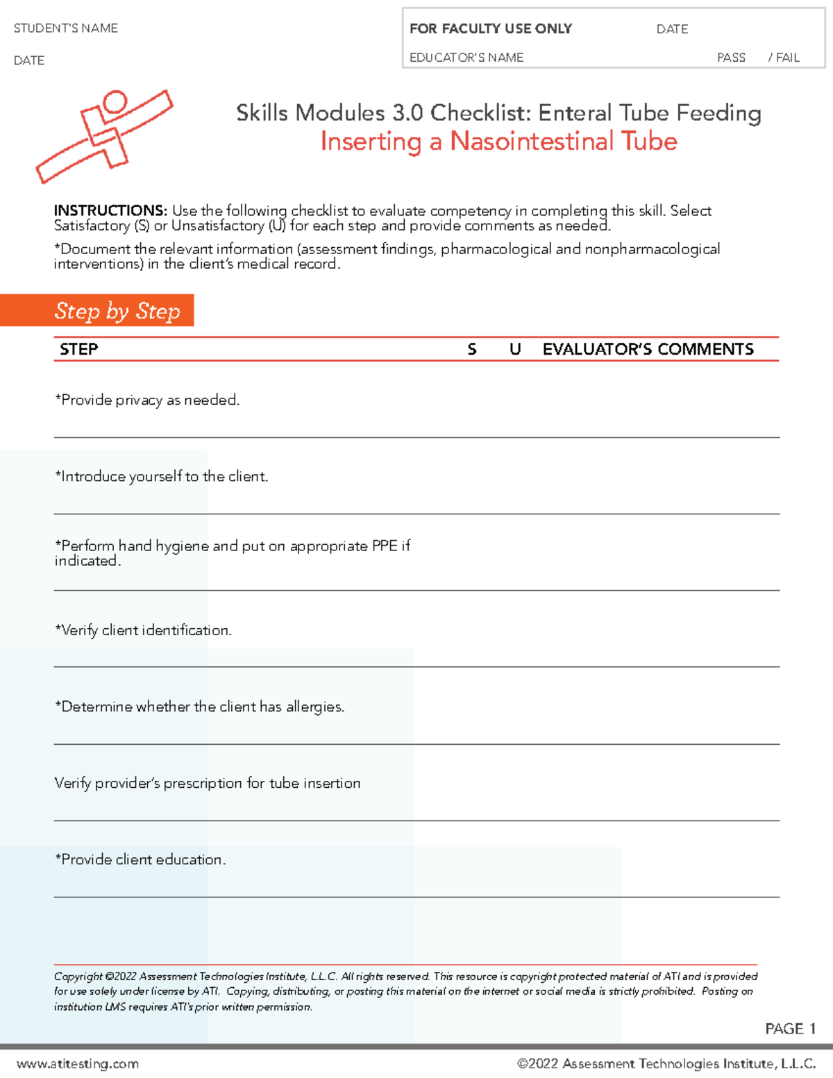 ATI Checklist for Inserting Enteral Feeding Tubes: Skill Assessment ...
