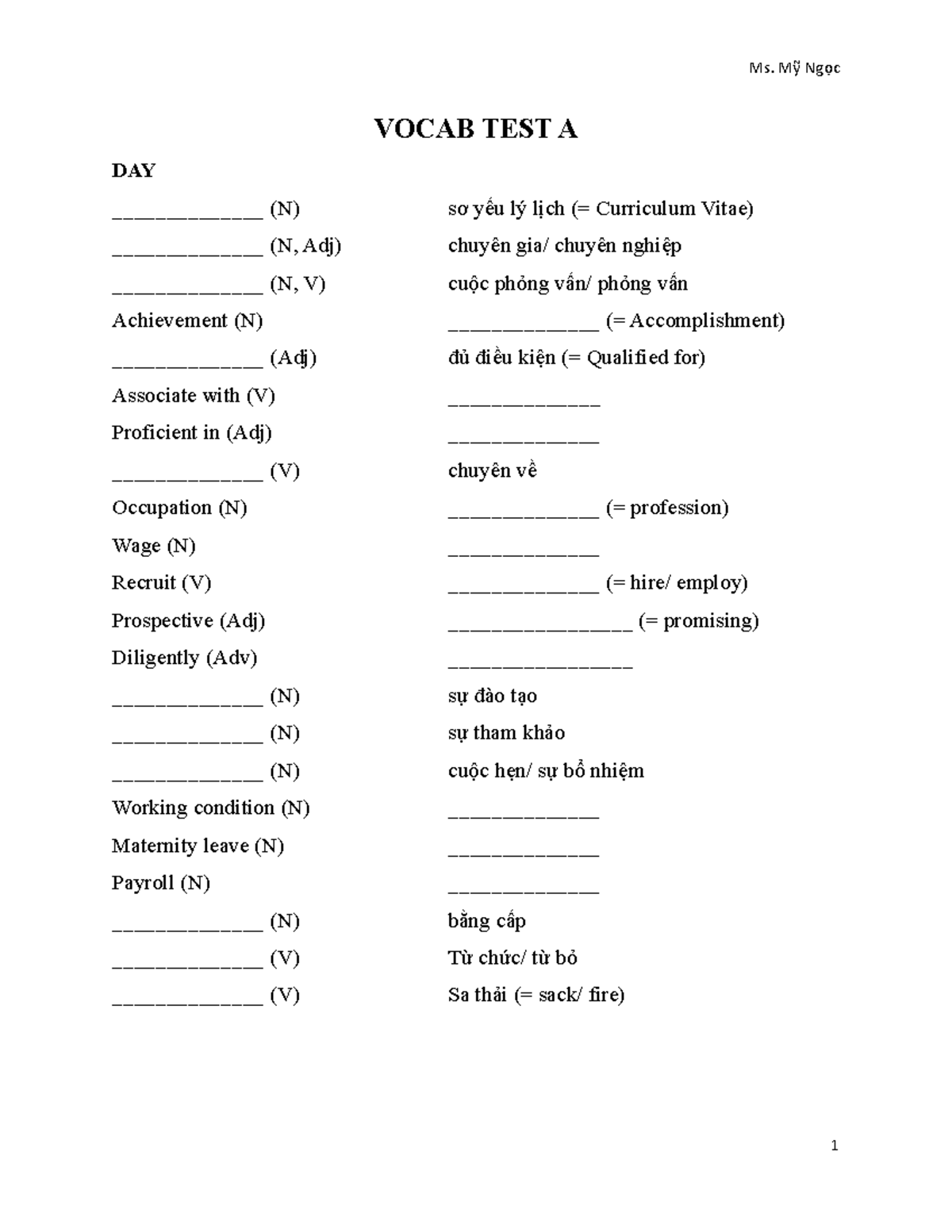 DAY 5 Vocab TEST D1 4 (N) - Ms. Mỹ Ngọc's Vocabulary Review - Studocu