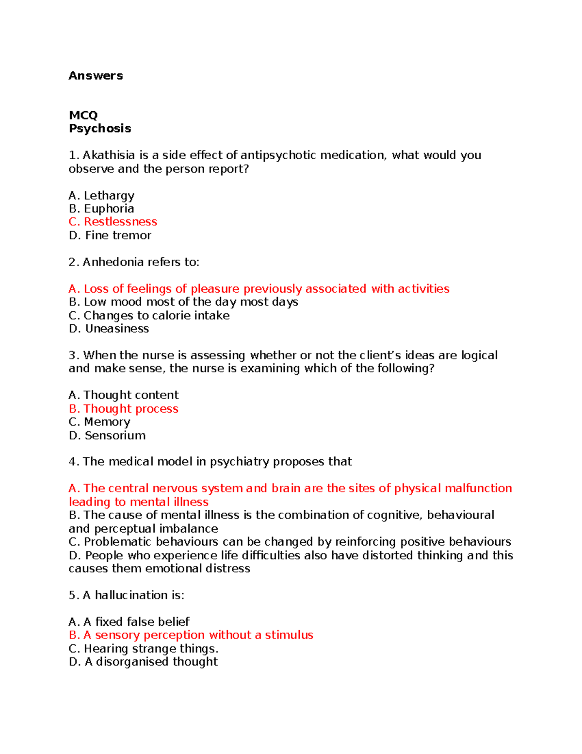 Answers MCQ Mental Health States - Practice Questions - Studocu