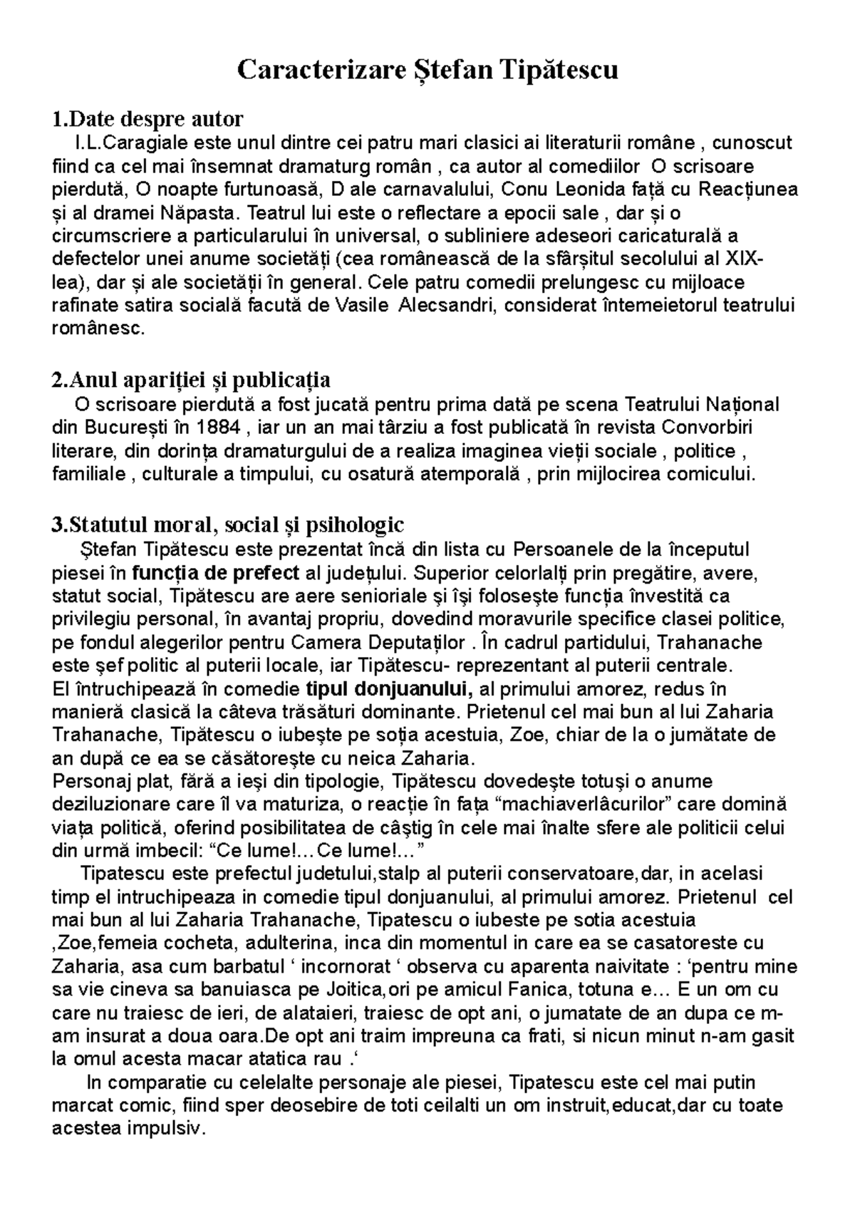 Caracterizarea lui Ștefan Tipătescu în O scrisoare pierdută (LIT101 ...
