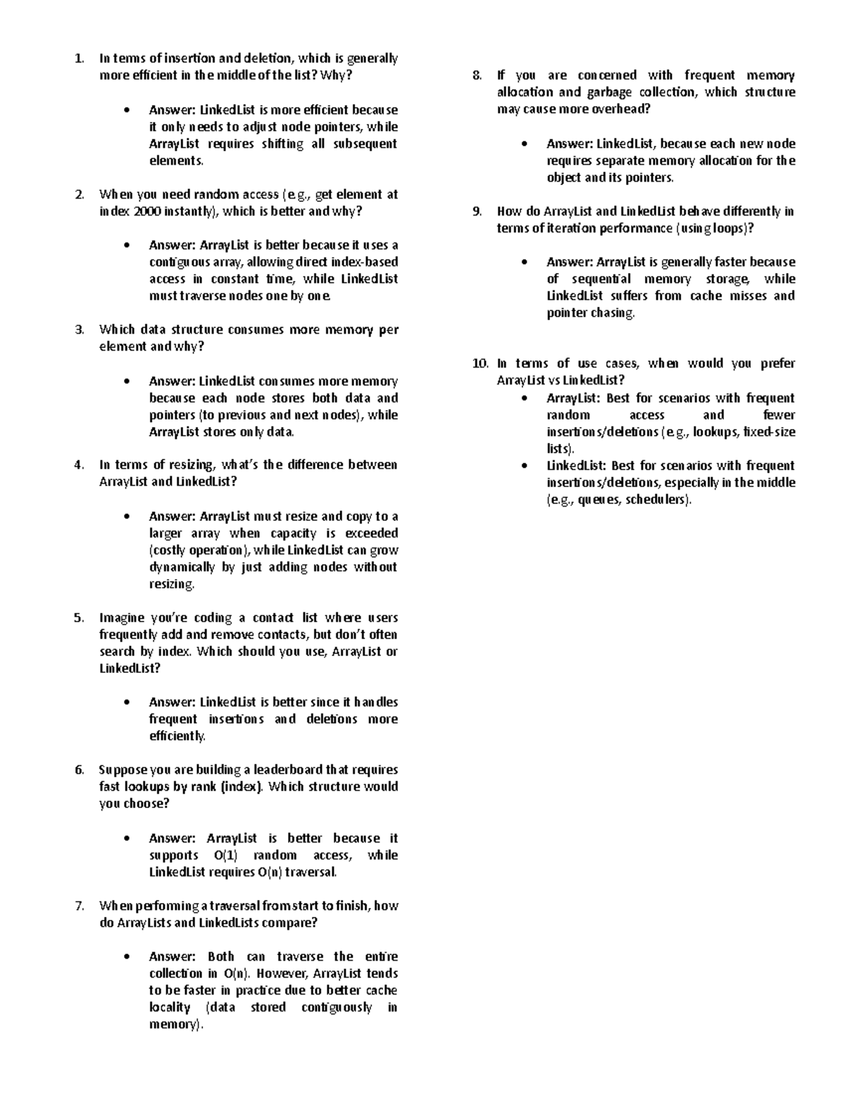 Data Structures: ArrayList vs LinkedList Comparison - plattech - Studocu