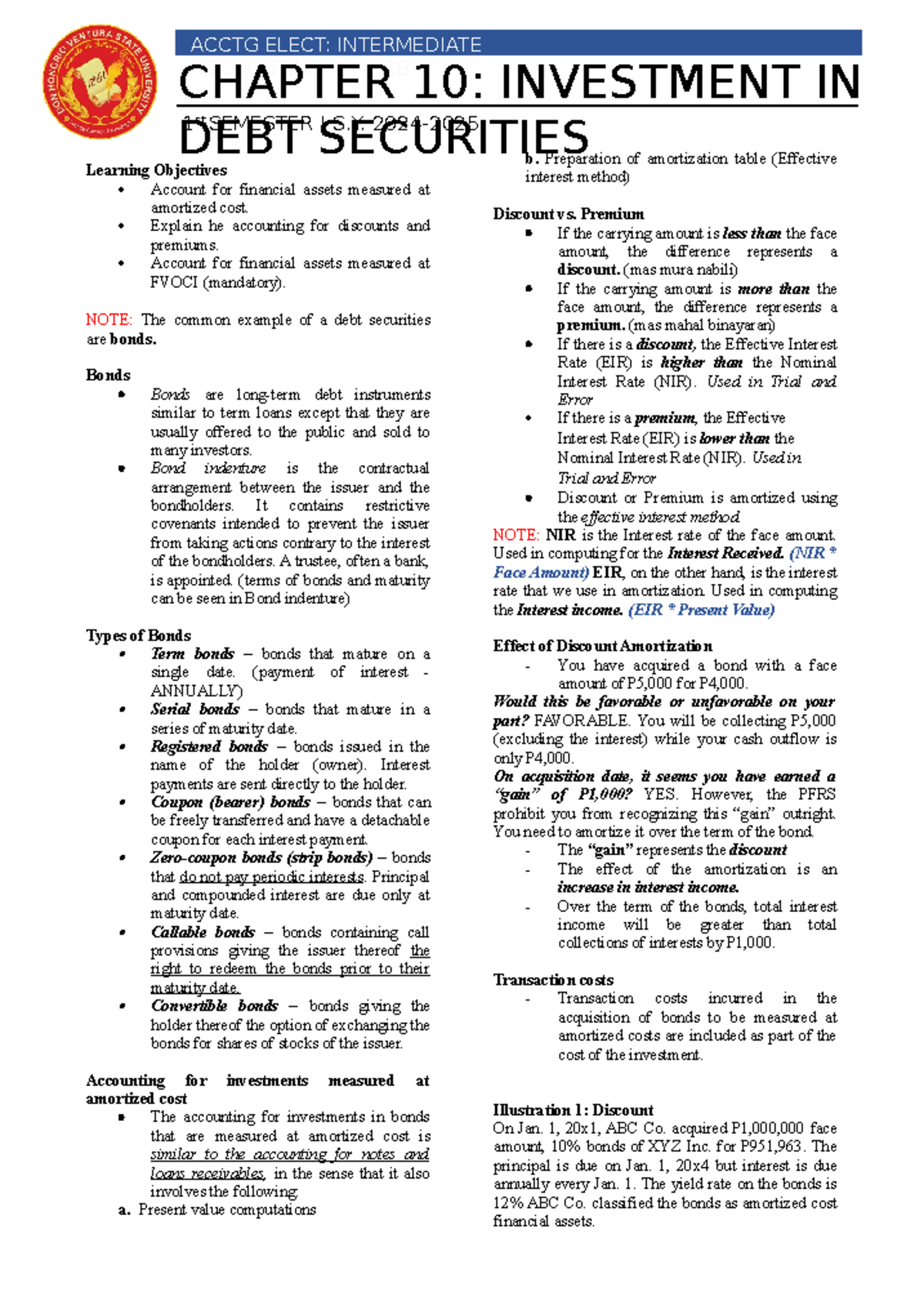 ACCTG ELECT: CHAPTER 10 & 12 - INVESTMENTS IN DEBT SECURITIES & LONG ...