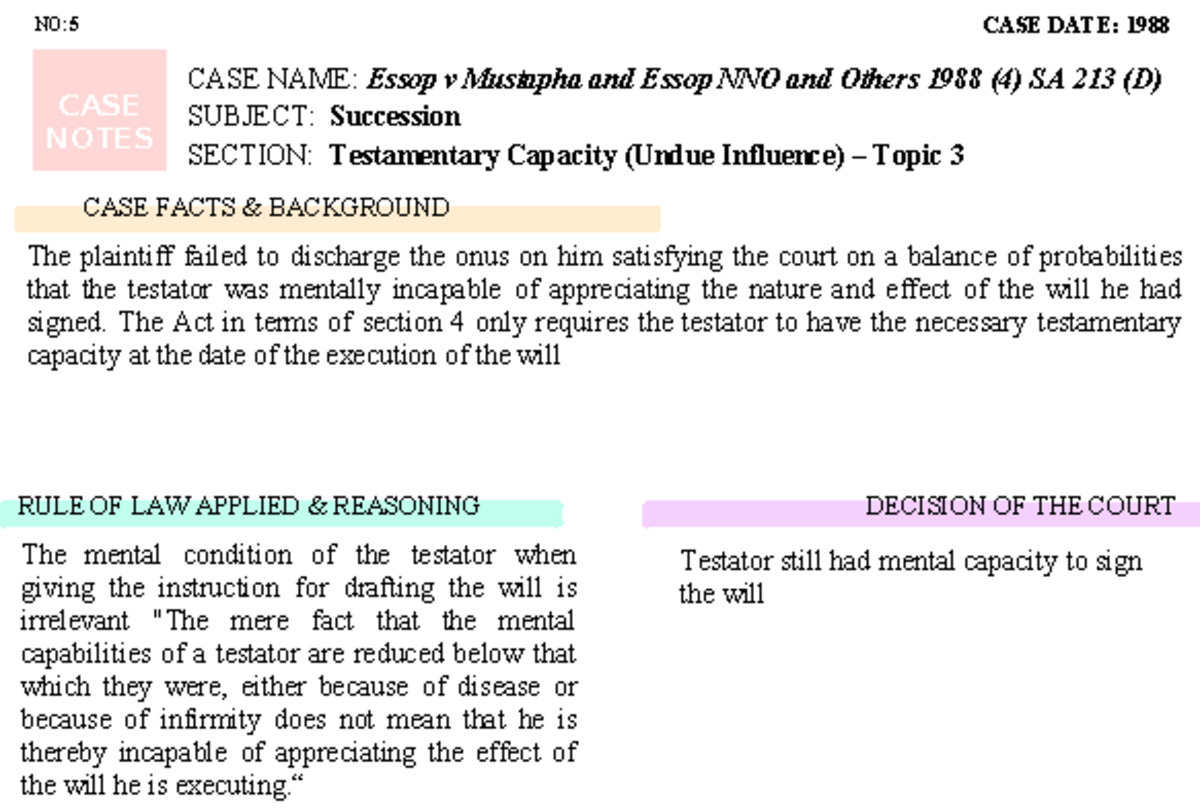 Essop v Mustapha 1988 Case Summary on Testamentary Capacity - Studocu