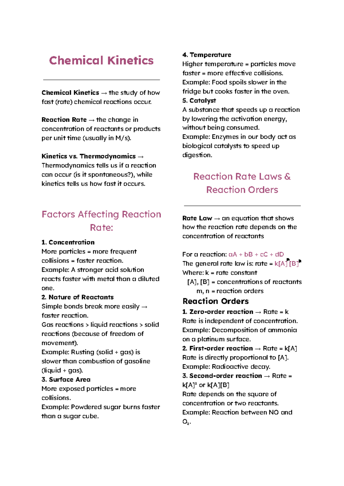 Chemical Kinetics Overview: Factors & Rate Laws - CHEM101 - Studocu