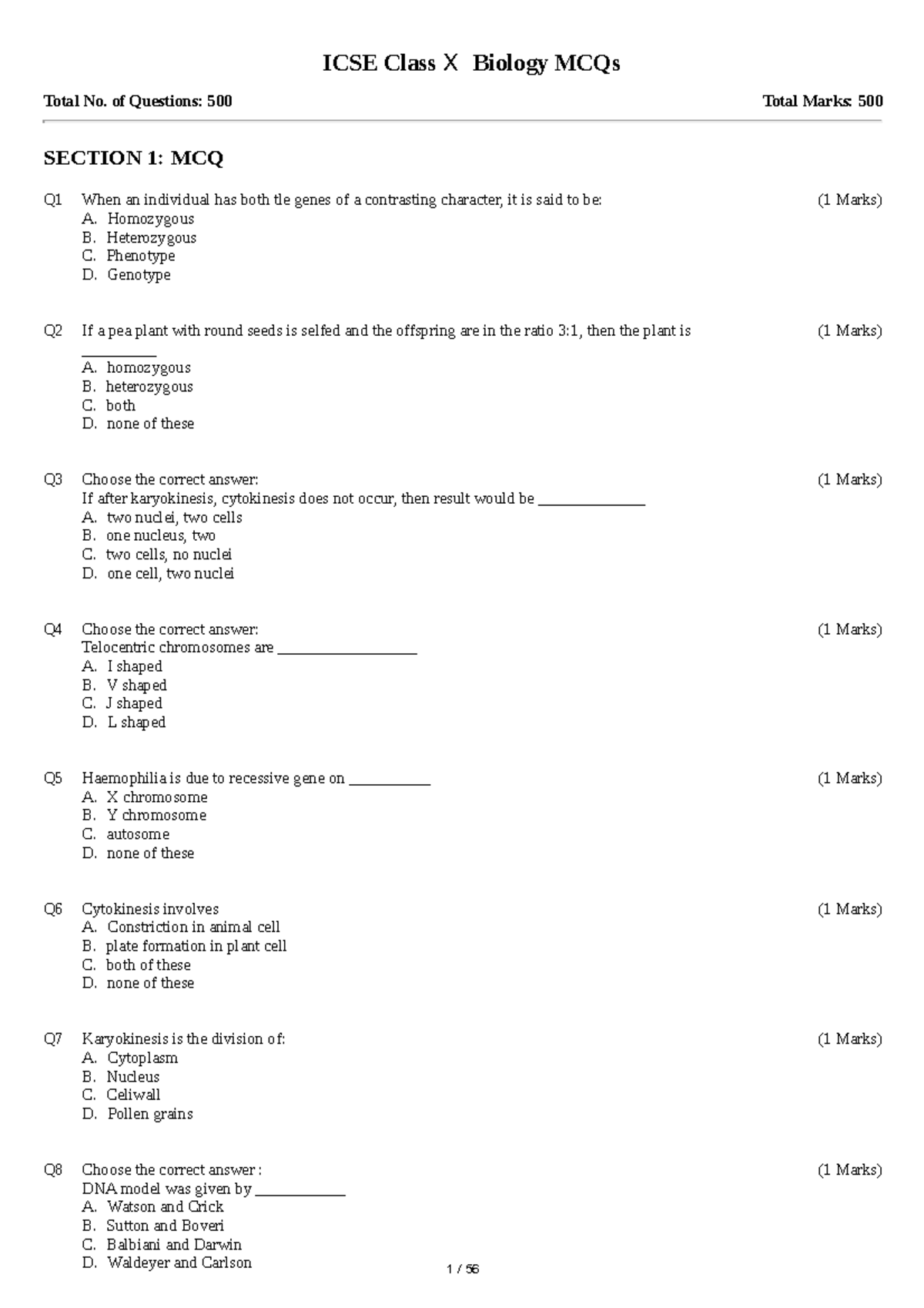 ICSE Class X Biology MCQs: Comprehensive Question Bank (500 Qs) - Studocu