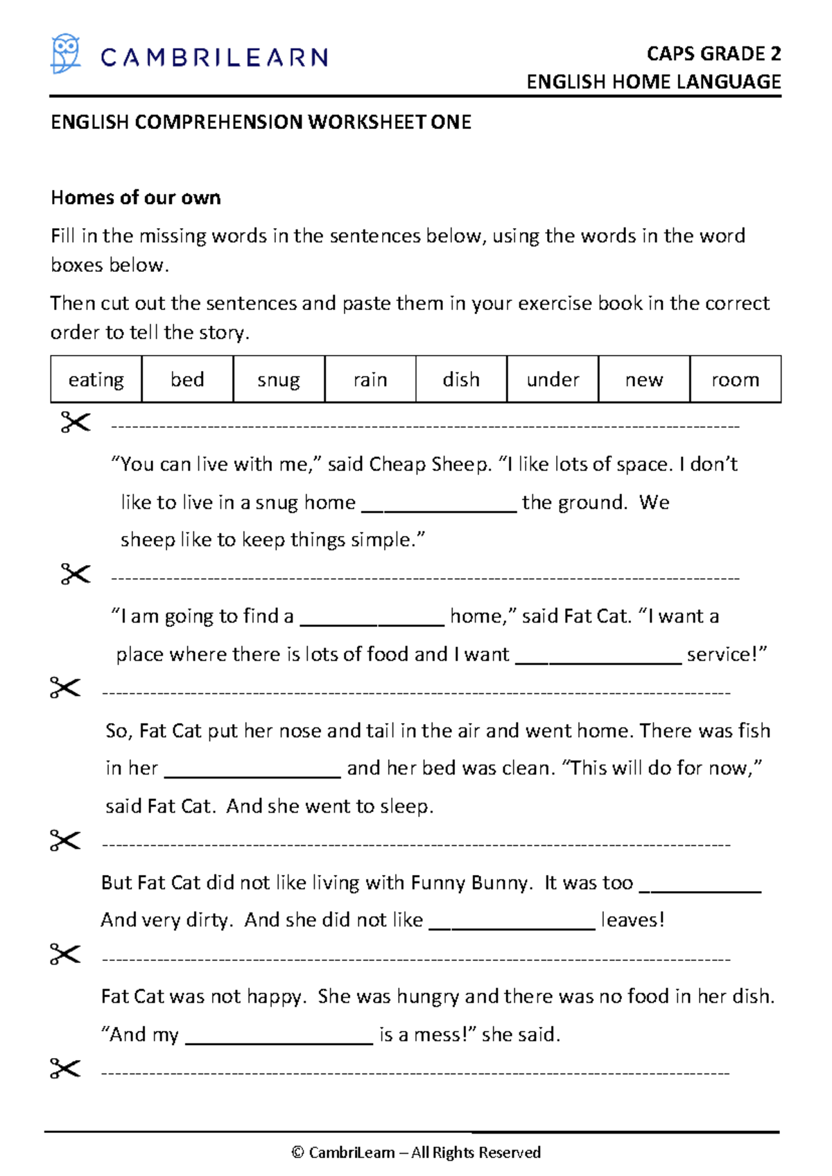 CAPS GRADE 2 ENGLISH COMPREHENSION WORKSHEET 1: Homes of Our Own - Studocu