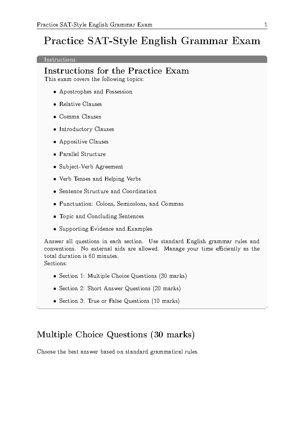 Practice English Grammar Exam (ENG 101) - Comprehensive Review Guide ...