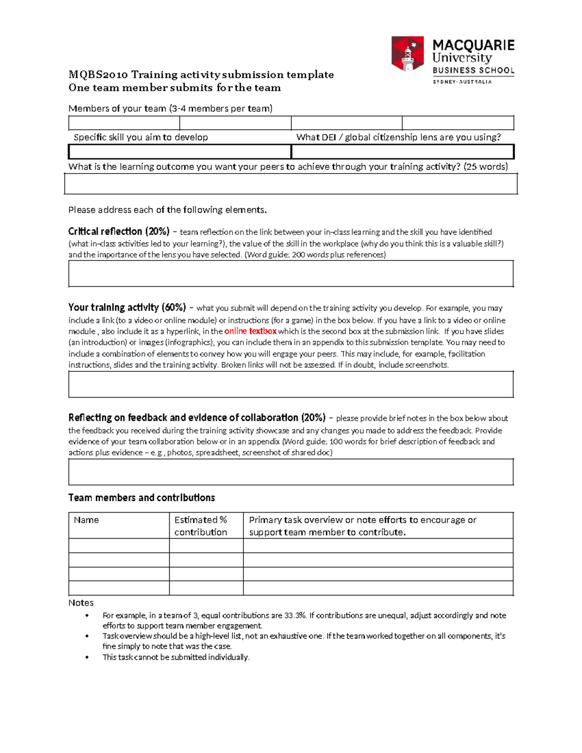 MQBS2010 Training Activity Submission Template and Guidelines - Studocu