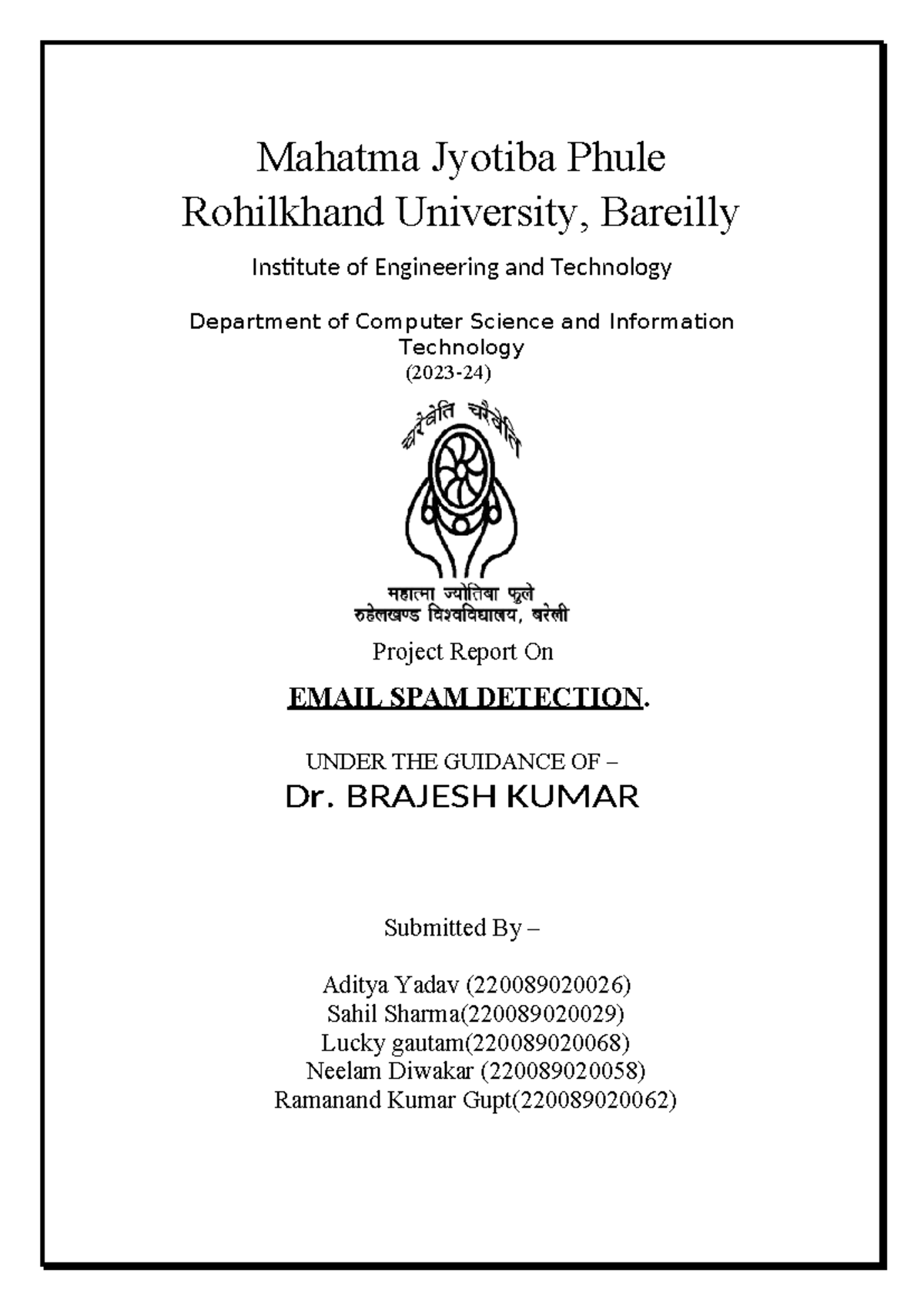 EMAIL SPAM DETECTION PROJECT REPORT - MJPRU CSIT - Studocu