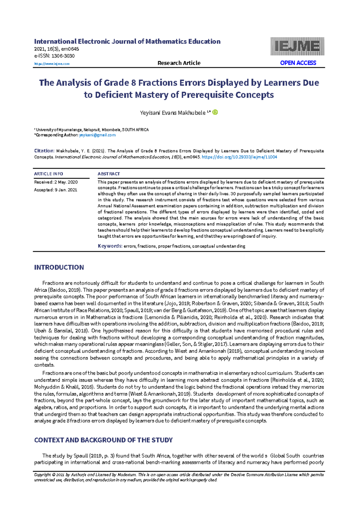 Analysis of Grade 8 Learners' Errors in Fractions: A Study on ...