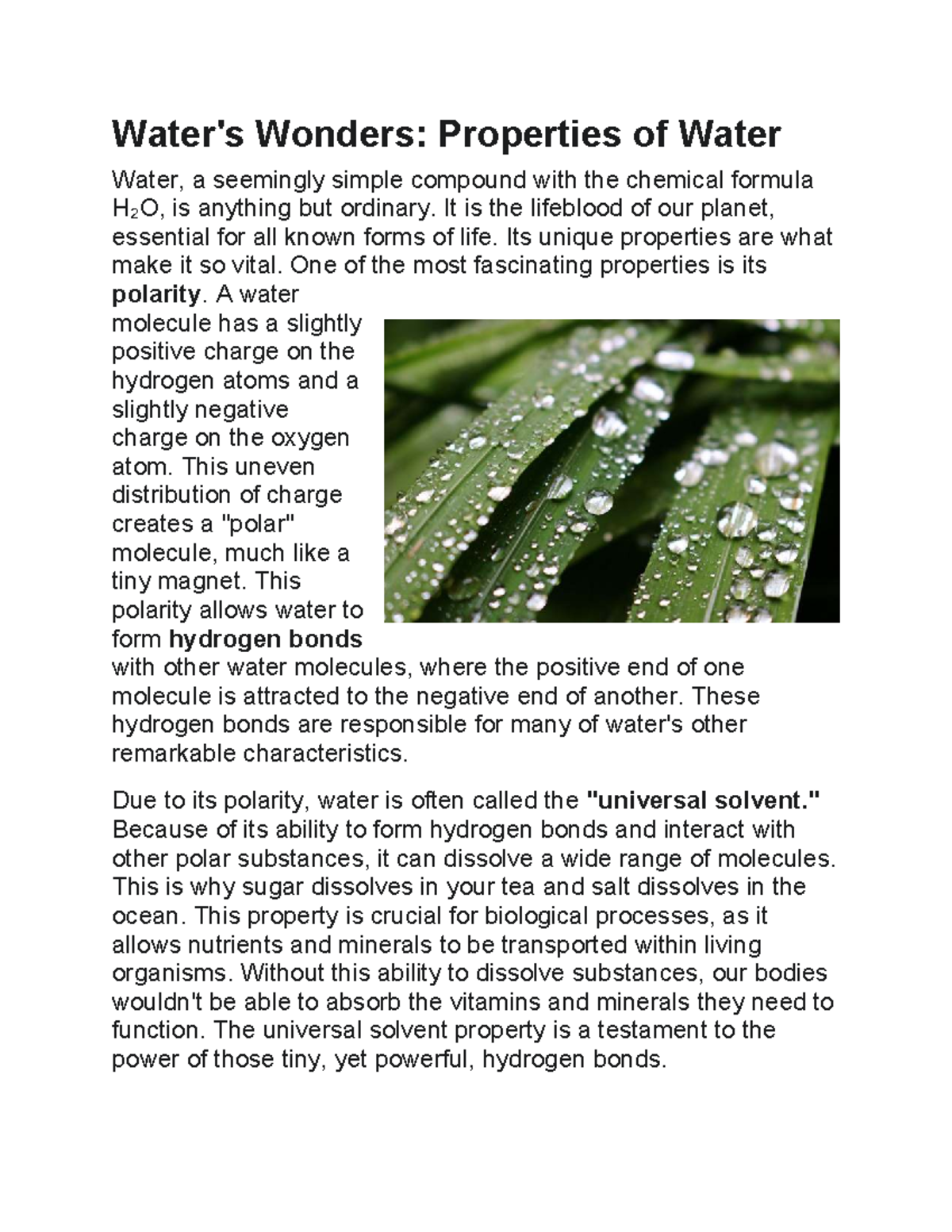 Reading Comprehension: Properties of Water (Course Code: SCI101) - Studocu
