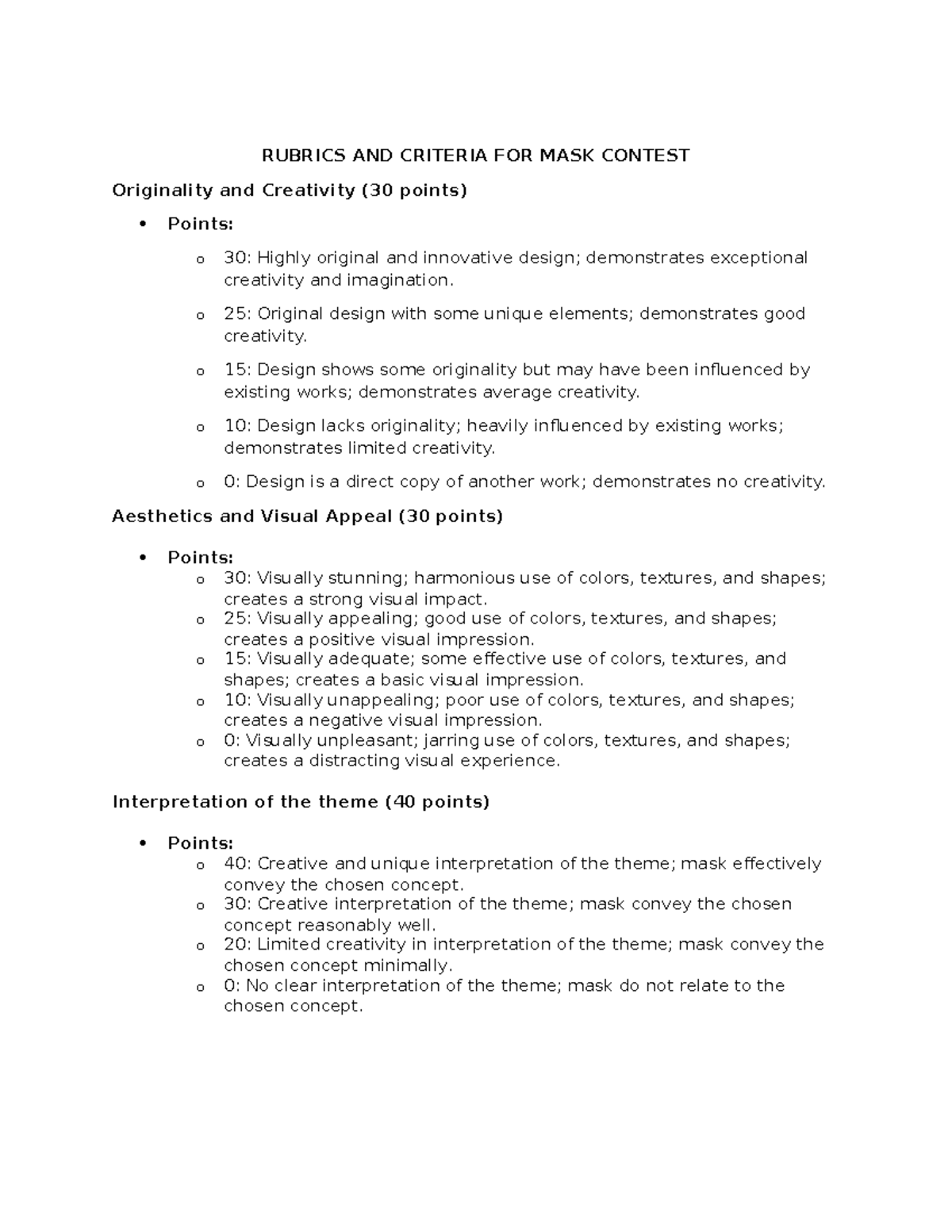 Rubrics and Criteria for Mask Contest 2 Evaluation Guide - Studocu
