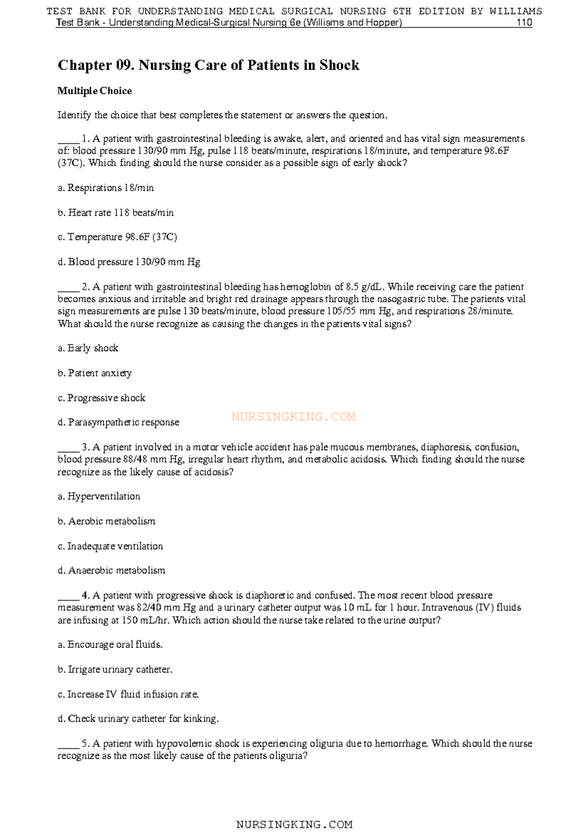 MSN6-Chapter 09: Test Bank for Nursing Care of Patients in Shock - Studocu