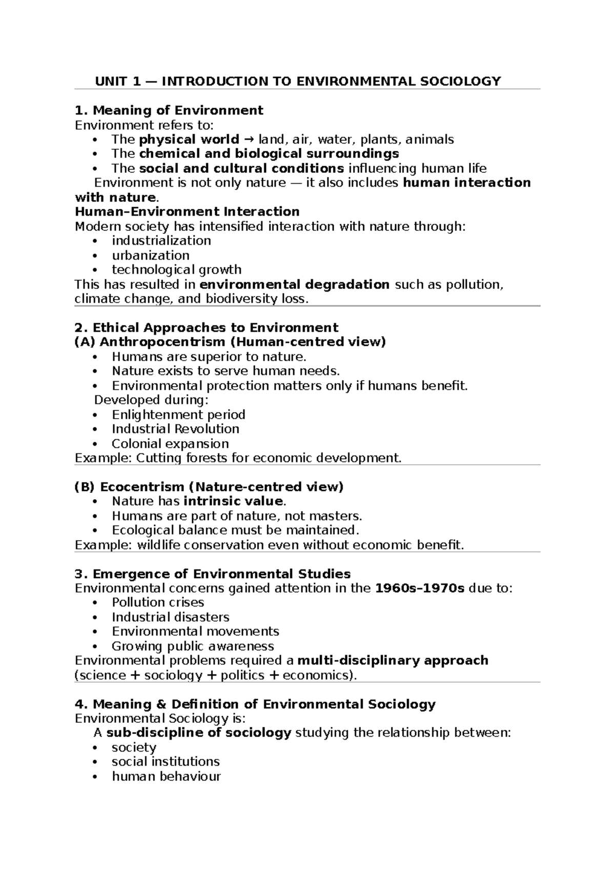 UNIT 1: INTRODUCTION TO ENVIRONMENTAL SOCIOLOGY - Key Concepts and ...