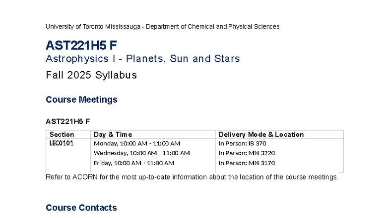 AST221H5 F Fall 2025 Syllabus: Astrophysics I - Planets, Sun & Stars ...