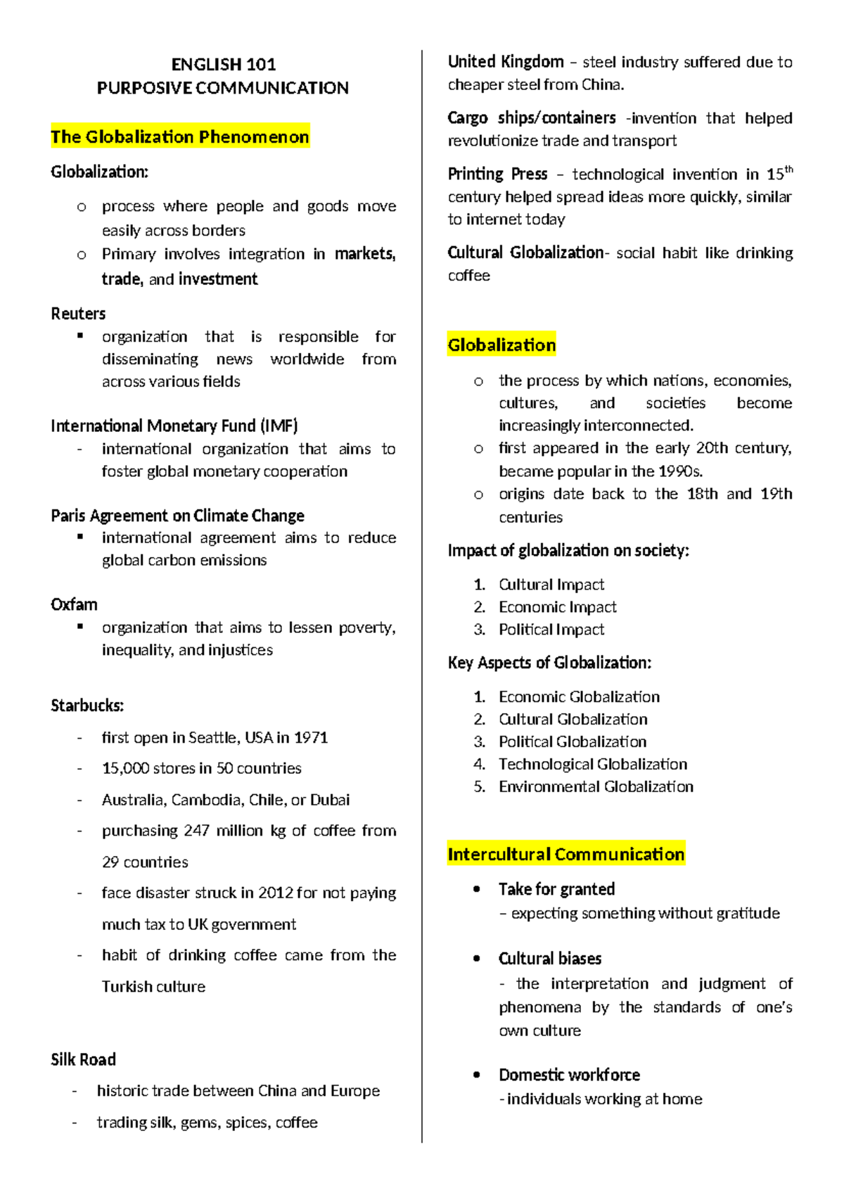 ENGL 101 - Midterm Review: Understanding Globalization and ...