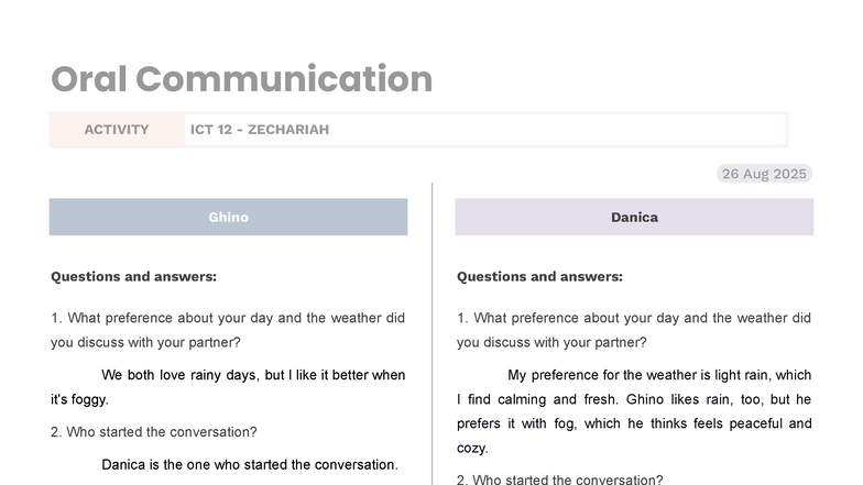 Oral Communication Activity ICT 12: Q&A on Ideal Weather Preferences ...