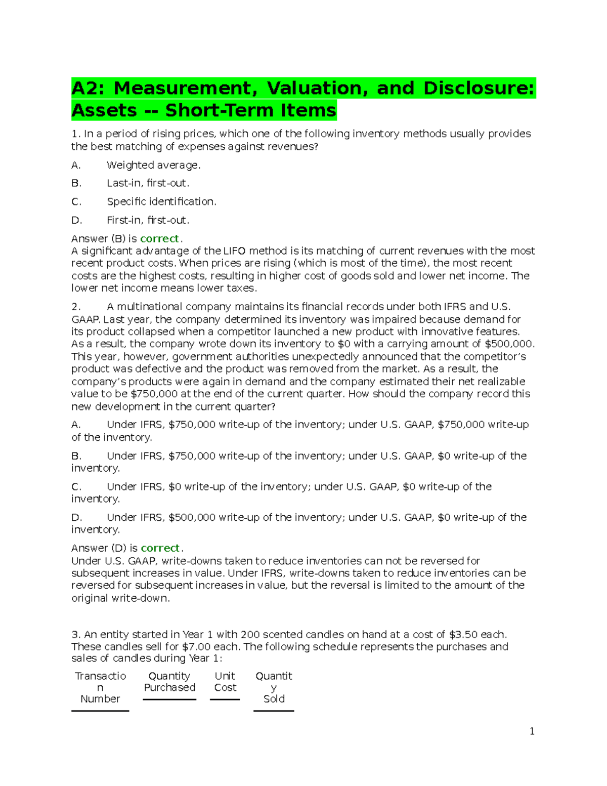 2. Measurement, Valuation, and Disclosure Assets -Short-Term Items ...
