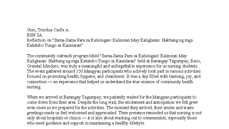 BSN 2A Reflection on Community Outreach: Para sa Kalusugan! - Studocu